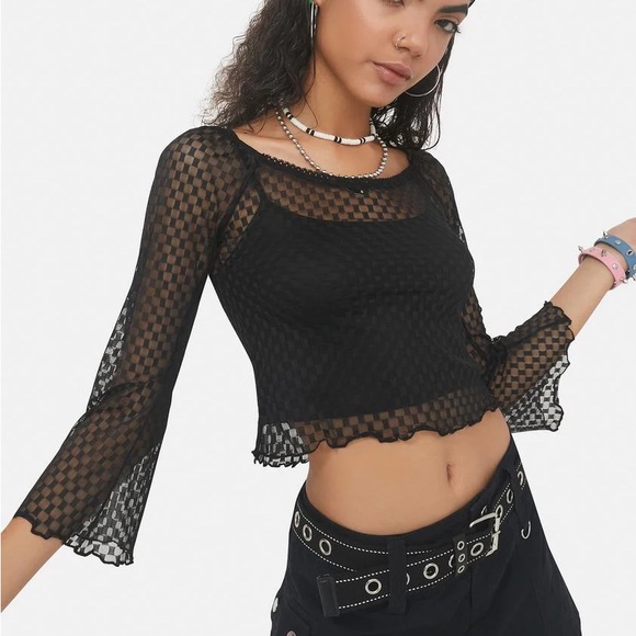 Dolls Kill | Tops | Dollskill Delias Sheer Mesh Flare Sleeve Crop Top ...
